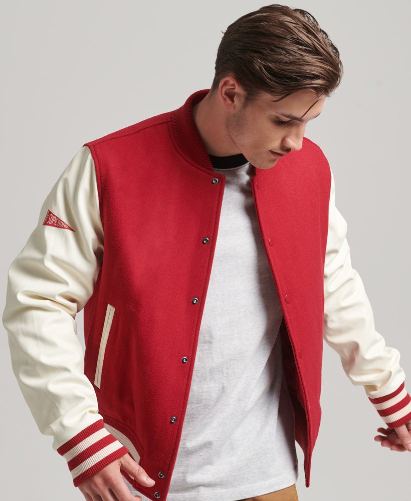 Men s College Varsity Bomber Jacket In Hike Red Superdry UK Men s College Varsity Bomber Jacket In Hike Red Superdry UK