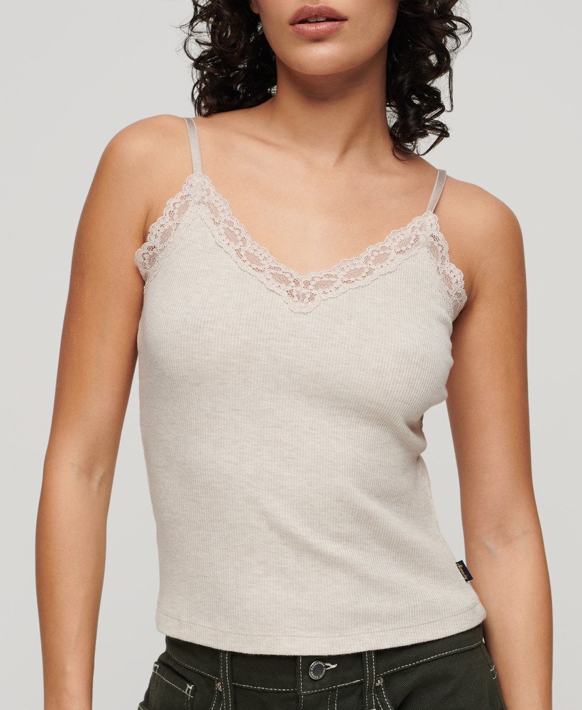 Women's Essential Lace Trim Cami Top in Oat Cream Marl | Superdry US