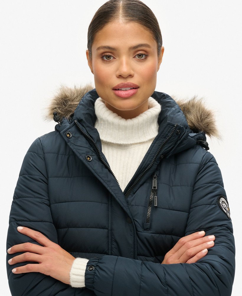 Womens Faux Fur Hooded Mid Length Puffer Jacket In Eclipse Navy Womens Faux Fur Hooded Mid Length Puffer Jacket In Eclipse Navy